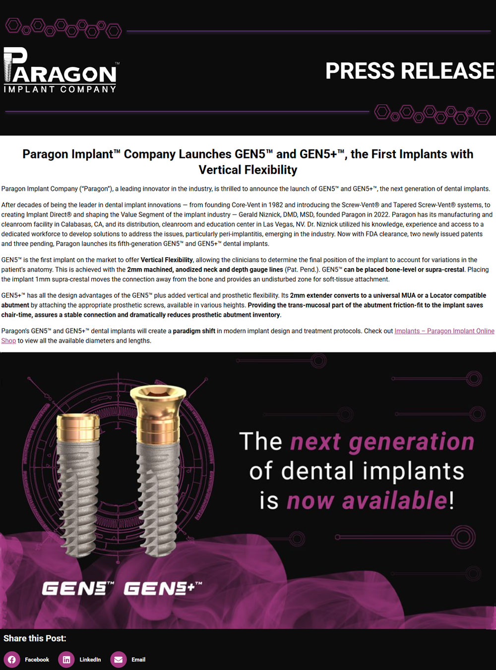 Paragon Implant™ Company Launches GEN5™ and GEN5+™, the First Implants ...